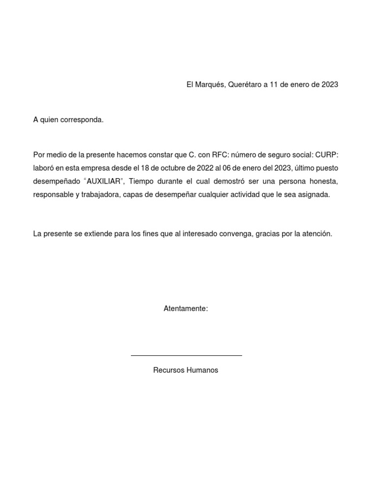 Carta De Recomendacion Machote Pdf
