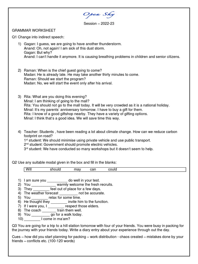 Grammar Worksheet - Class 9 - October 2 | PDF