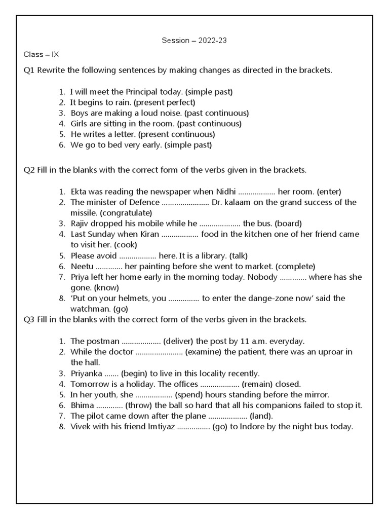 Worksheet On Tenses - Class 10 | Download Free PDF | Linguistic Morphology | Language Mechanics
