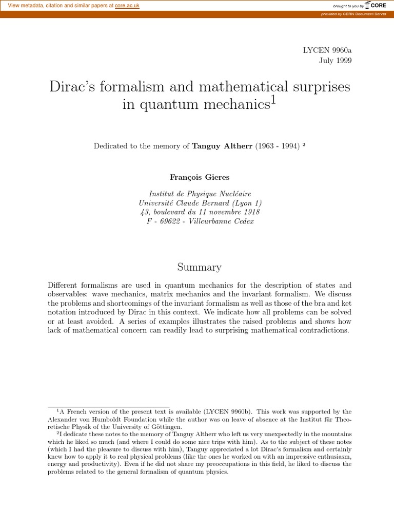 Diracs Formalism | PDF | Hilbert Space | Operator (Mathematics)