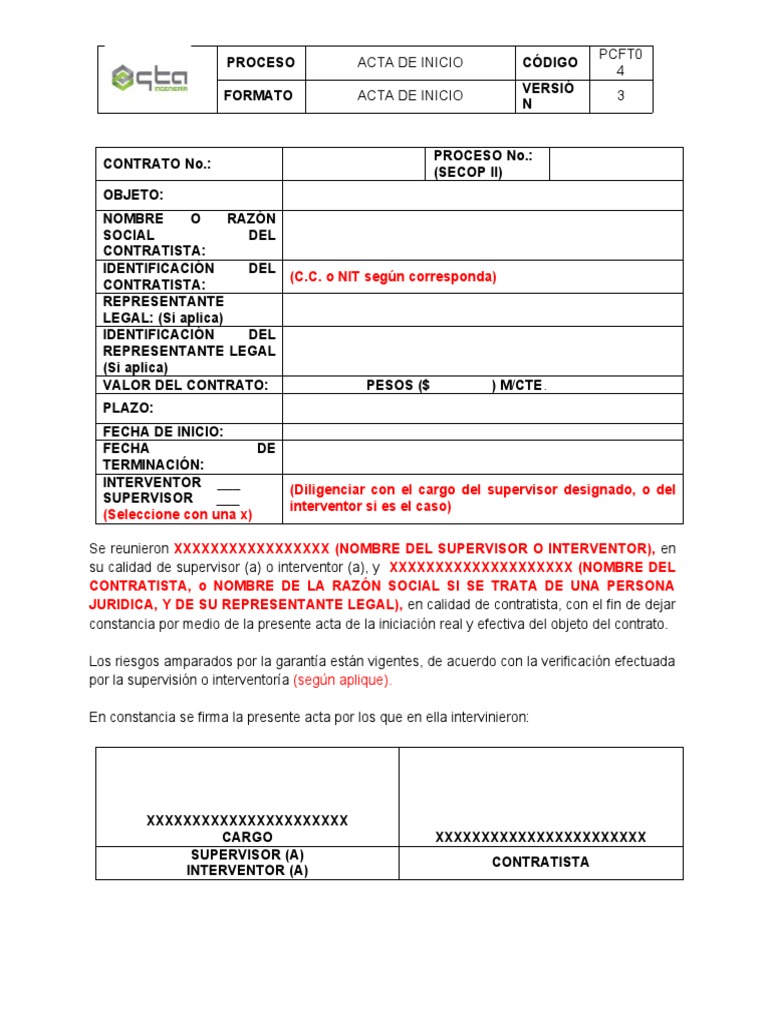 Acta Inicio Cdmo Formato | PDF