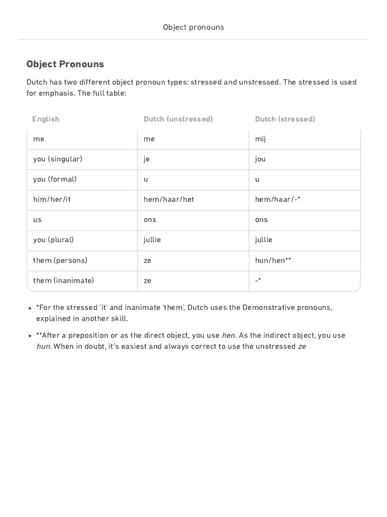 Dutch Object Pronouns Explained | PDF
