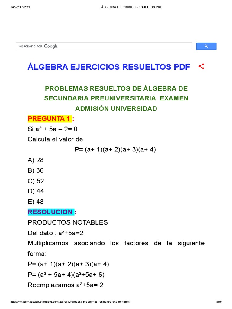 Ejercicios de Álgebra Resueltos PDF | PDF | Álgebra | Ecuaciones