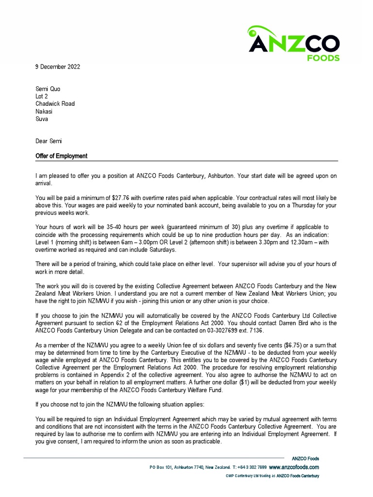 AEWV Offer Letter (Canterbury) - Semi Quo | PDF | Economies | Labor ...