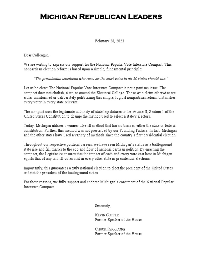 Michigan Republican Leaders Letter Endorsing National Popular Vote ...