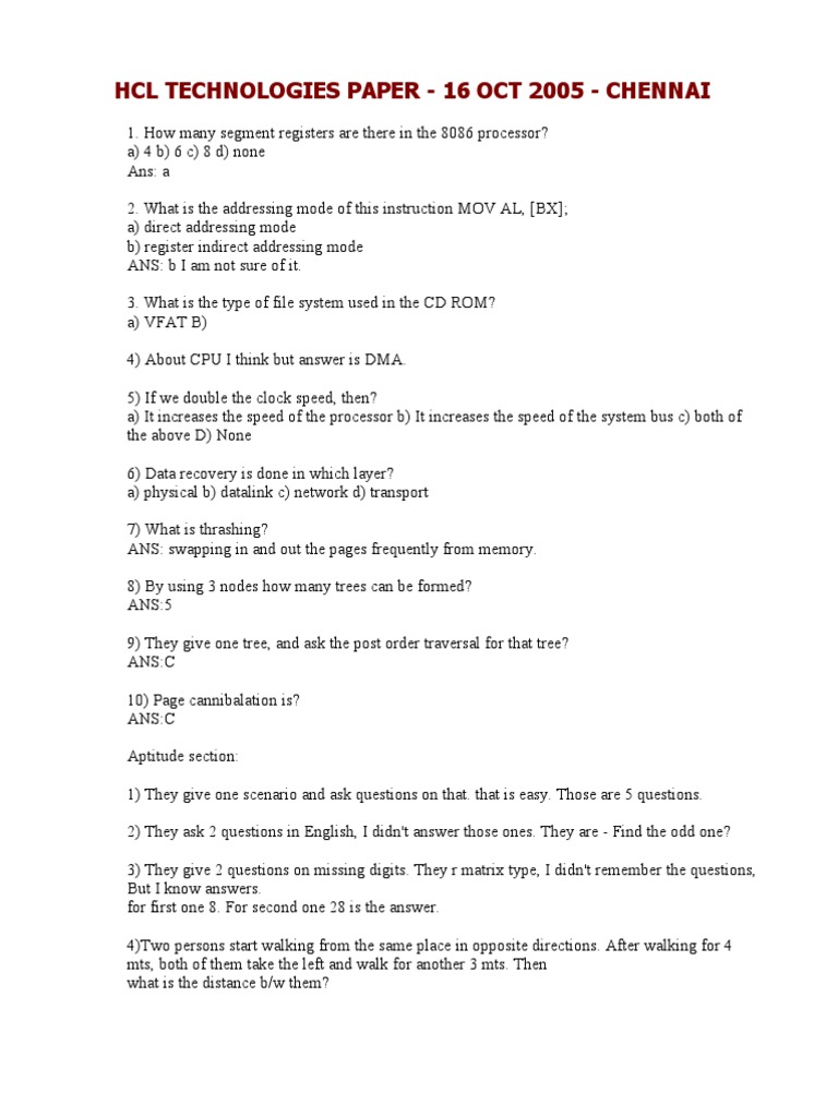 HCL Technologies Exam Paper Insights | PDF | Central Processing Unit ...
