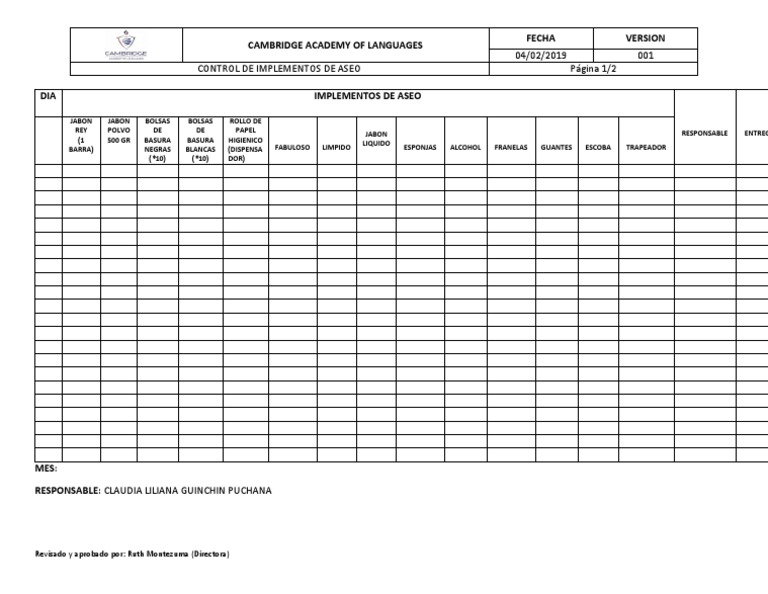Planilla Entrega de Implentos de Aseo | PDF