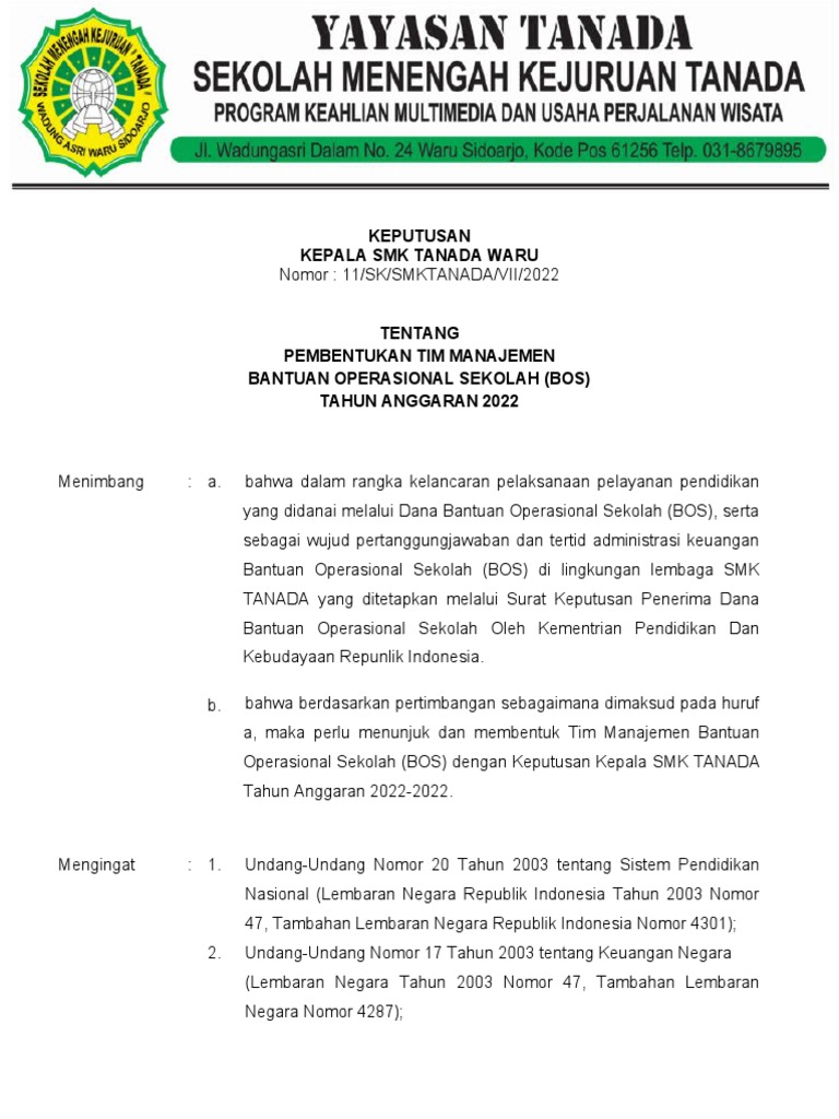 SK Tim Manajemen Bos 2022 | PDF