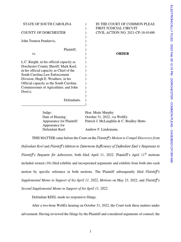 Pendarvis V SLED - Dorchester | PDF | Discovery (Law) | Lawsuit