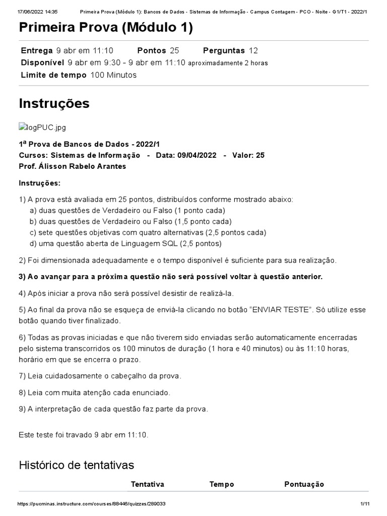 Prova de Bancos de Dados - 2022/1 | PDF | Modelo relacional | Bancos de dados