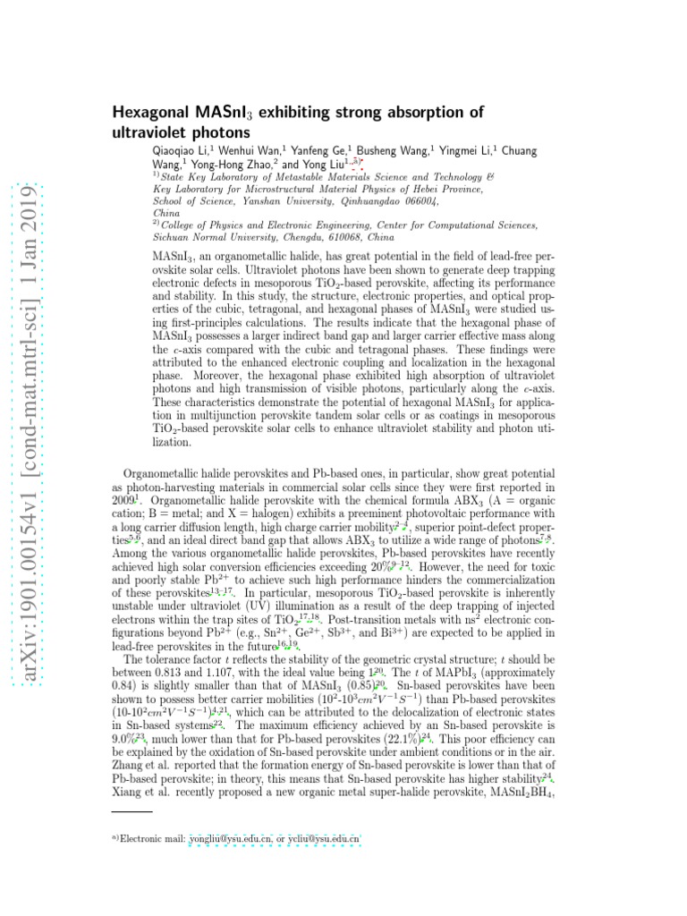 Hexagonal MASnI3: Bandgap Insights | PDF | Band Gap | Solar Cell