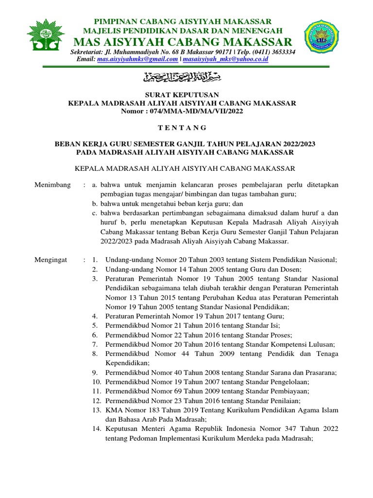 SK Beban Kerja SMT Ganjil 2022-2023 (Ma) | PDF