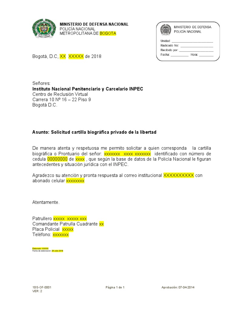 FORMATO Solicitud Cartilla Biografica PPL INPEC | PDF