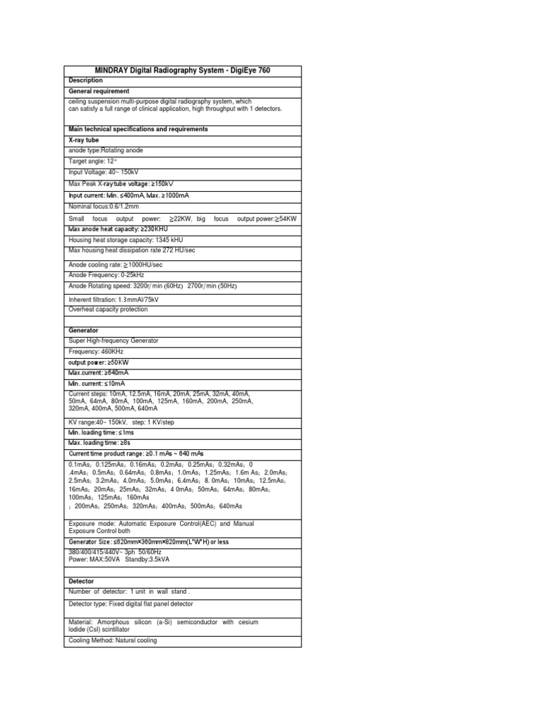Spec - MINDRAY Digital Radiography System - Digieye 760 | PDF ...