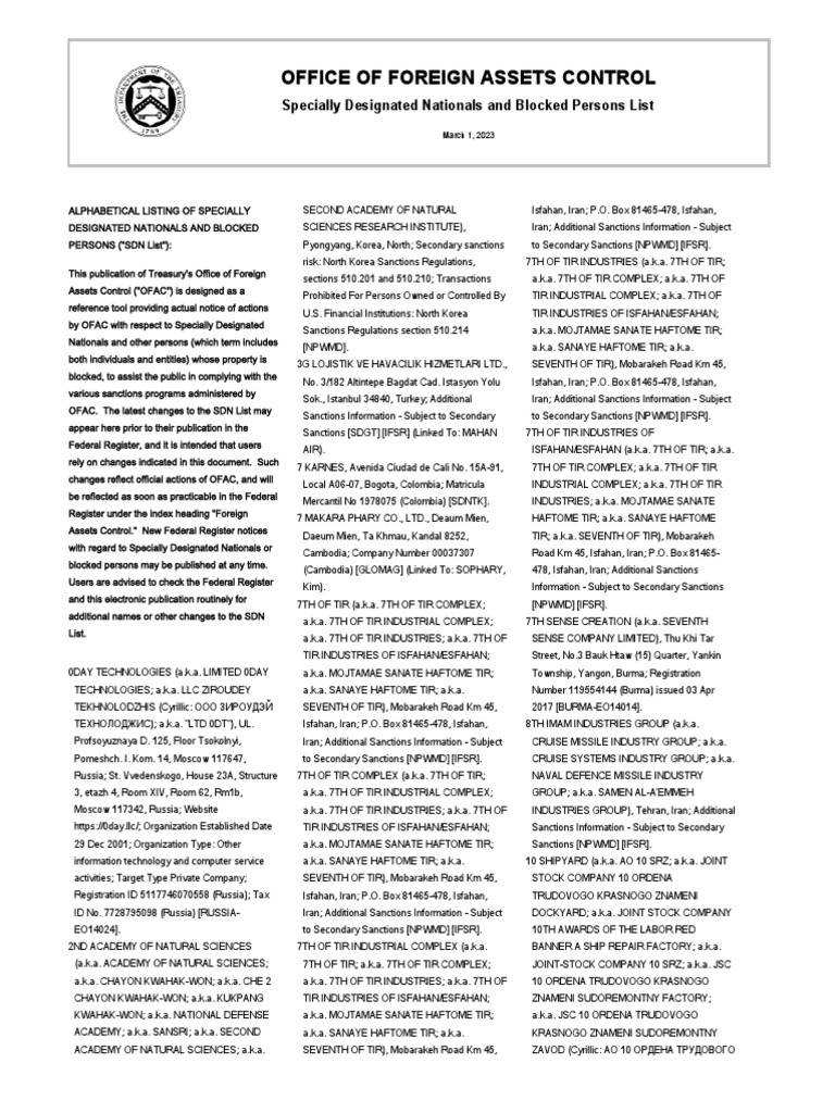 OFAC's Specially Designated Nationals and Blocked Persons List - March ...