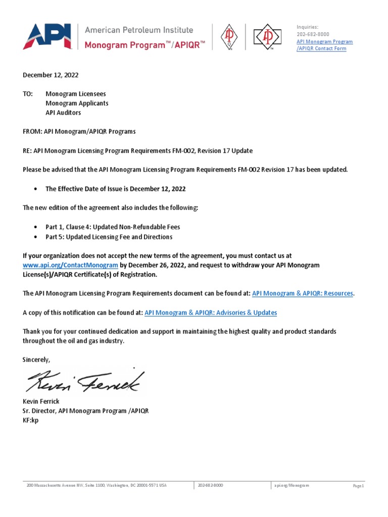Update to API Monogram Licensing Program Requirements FM-002 Revision 17 | PDF