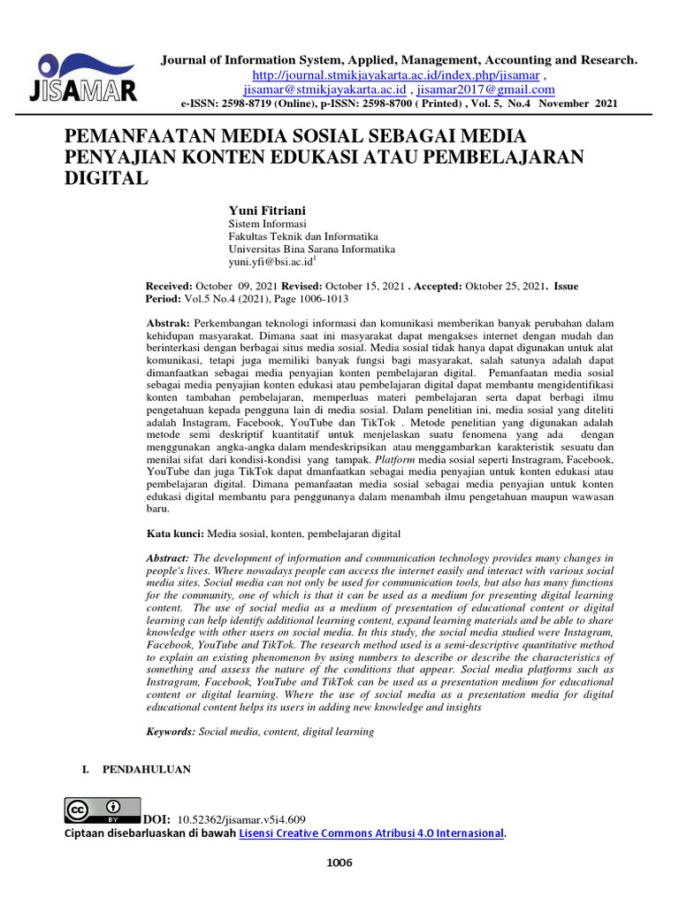Pemanfaatan Media Sosial Sebagai Media Penyajian Konten Edukasi Atau Pembelajaran Digital | PDF