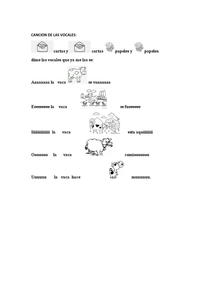 CANCION DE LAS VOCALES La Vaca Se Va Con Imagenes | PDF