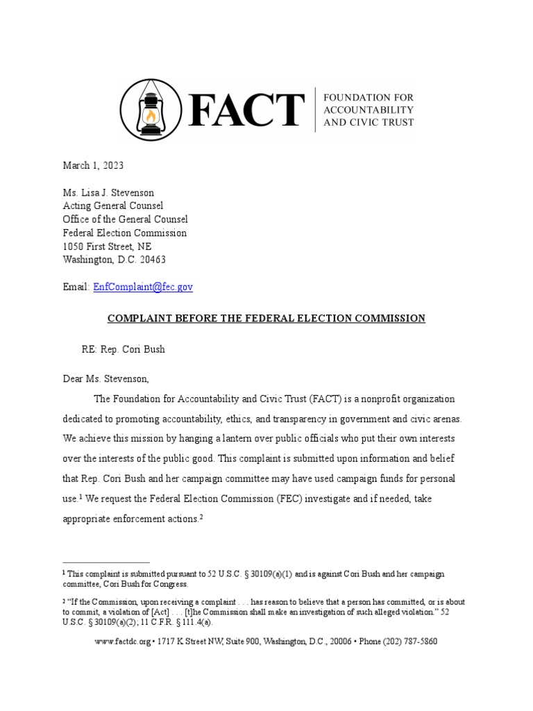 Cori Bush FEC Complaint | PDF | Federal Election Commission | Complaint