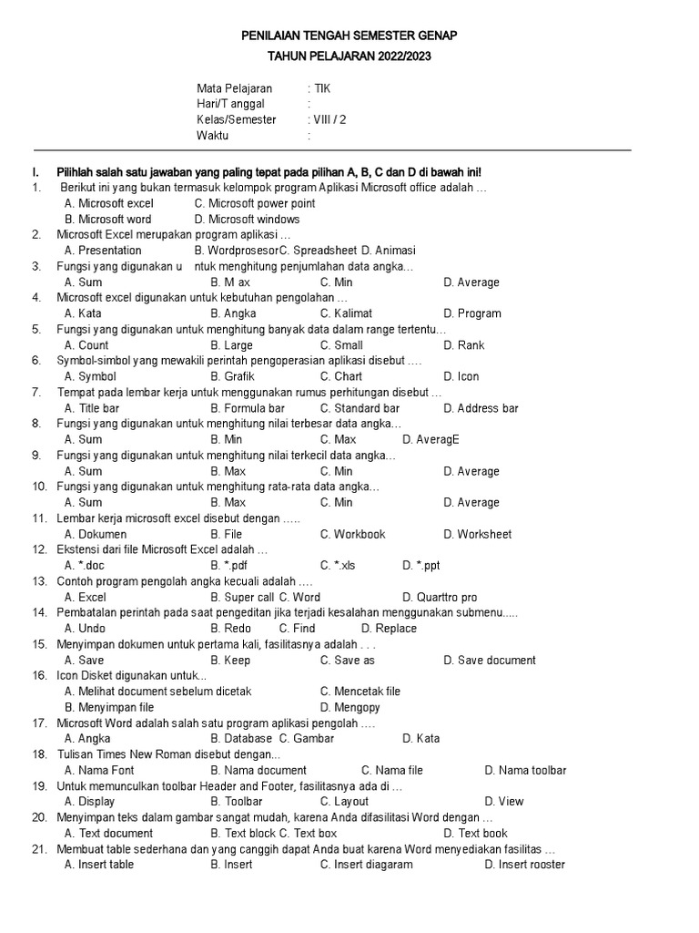 PTS Tik Kelas 8 Semester 2 | PDF