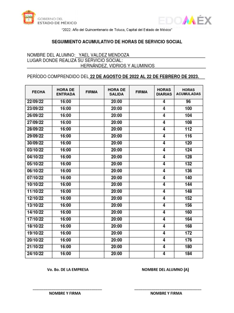 Registro de horas de servicio social en una vidriería | PDF