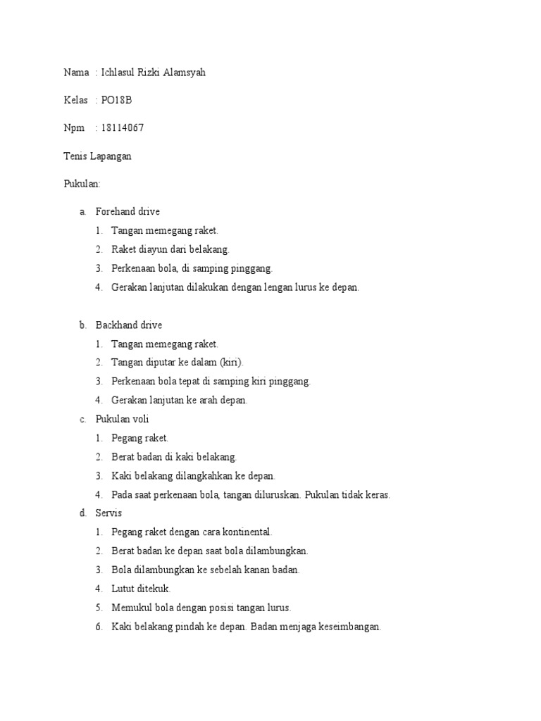 Teknik Dasar Tenis Lapangan - Tenis Lapangan - Tugas Pertemuan 5 - Ichlasul - Po18b | PDF