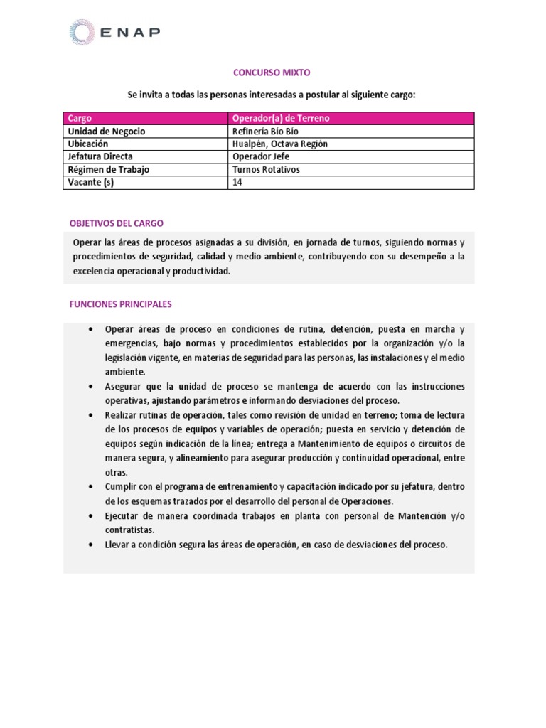 Operador (A) de Terreno - ENAP Refinería Bío Bío | PDF