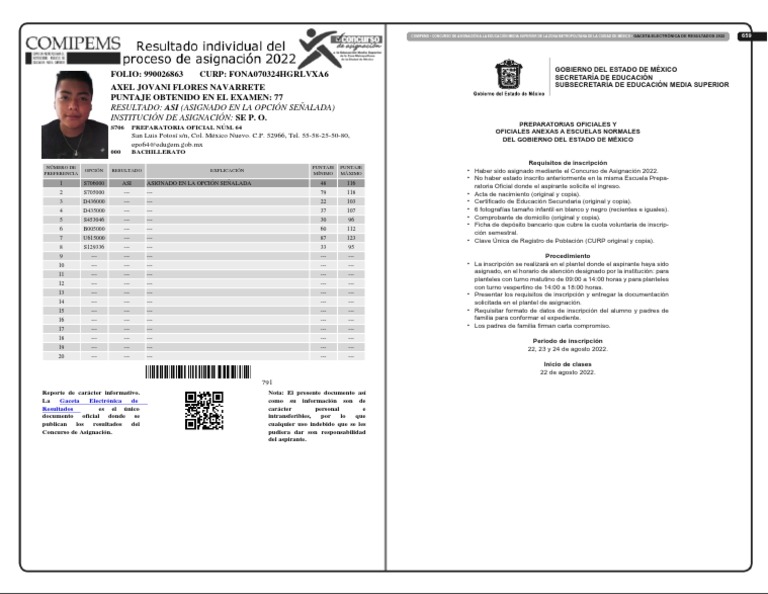 FOLIO: 990026863 CURP: FONA070324HGRLVXA6 Axel Jovani Flores Navarrete ...