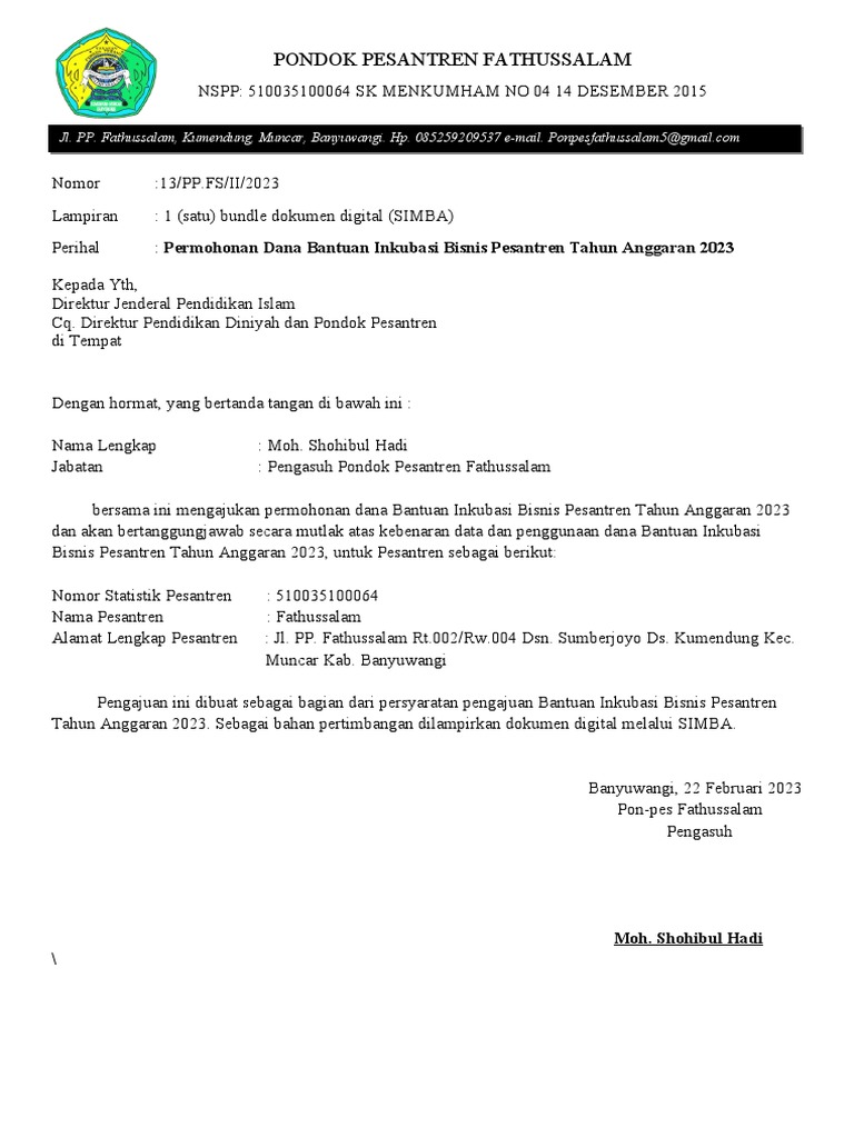 Surat Permohonan Dana Bantuan Inkubasi | PDF