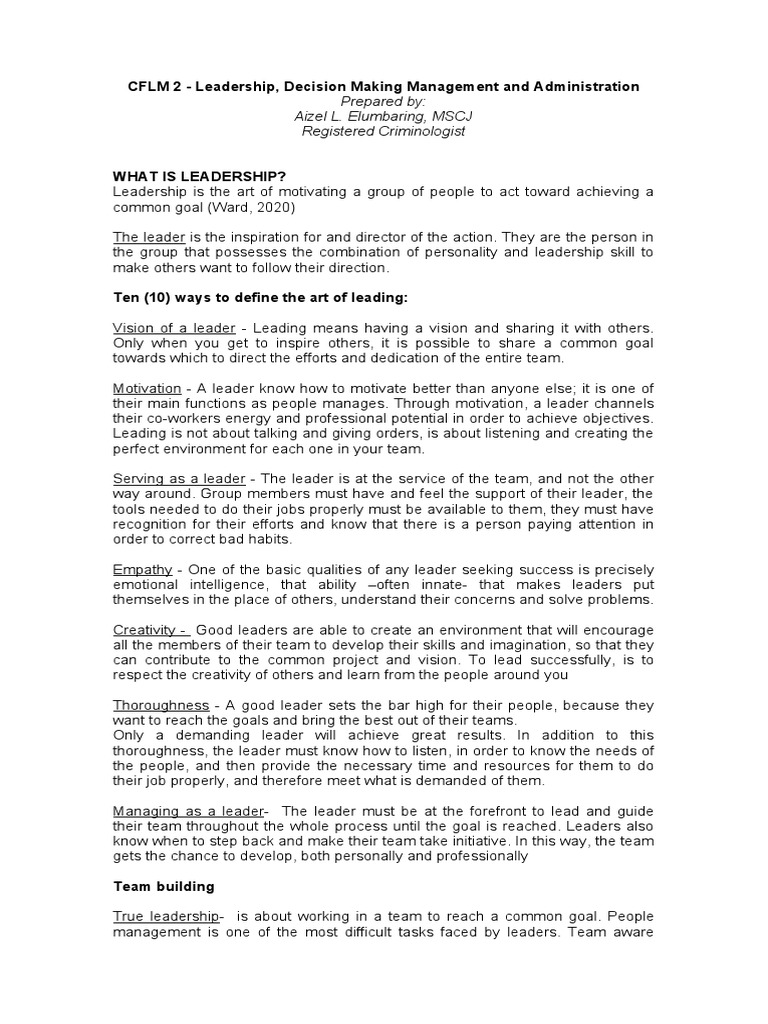 CFLM 2 Handouts | Download Free PDF | Leadership | Transformational Leadership