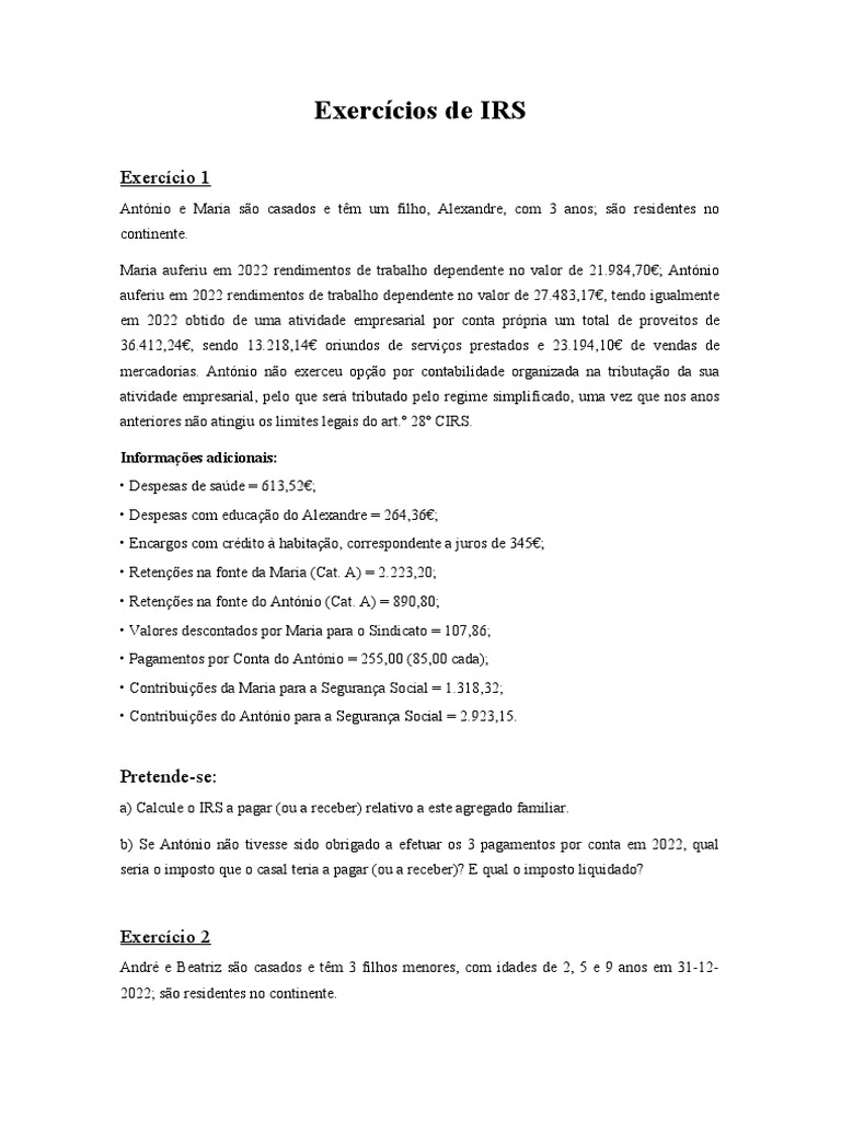Exercícios de IRS | PDF | Impostos | Empréstimos