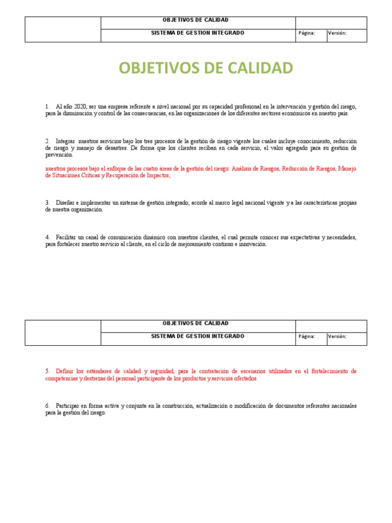 Objetivos de Calidad | PDF