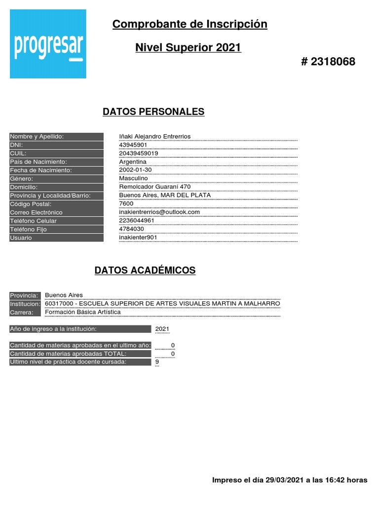 Comprobante Inscripcion Del Progresar | PDF