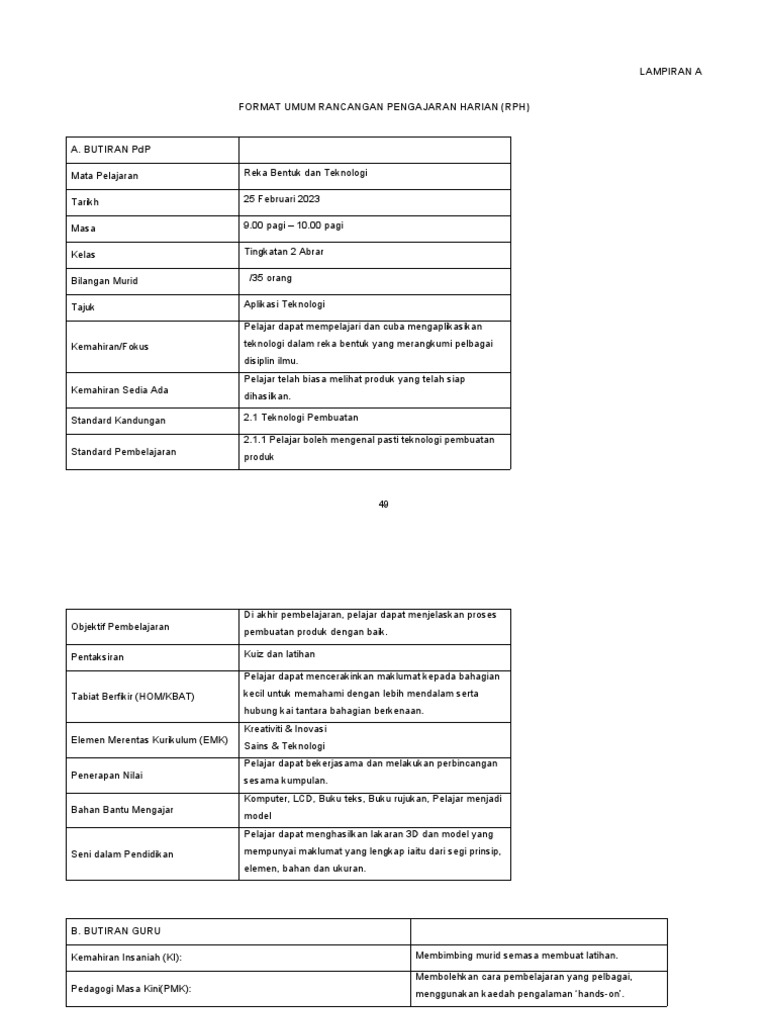 Format Umum Rancangan Pengjaran Harian (RPH) | PDF