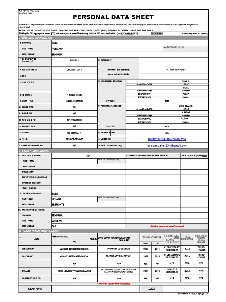 CS Form No. 212 PDS Revised | PDF | Government