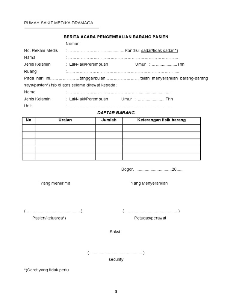 Formulir Pengembalian Barang Pasien | PDF
