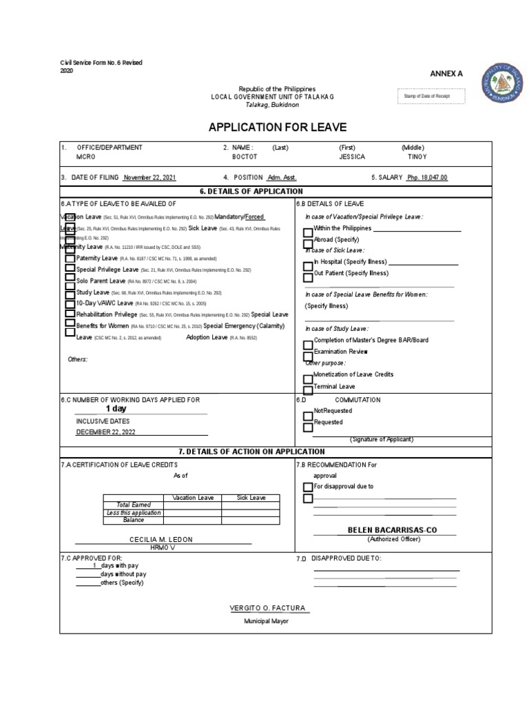 CS Form No. 6, Revised 2020 (Application For Leave) (Secured) | PDF | Parental Leave | Childbirth