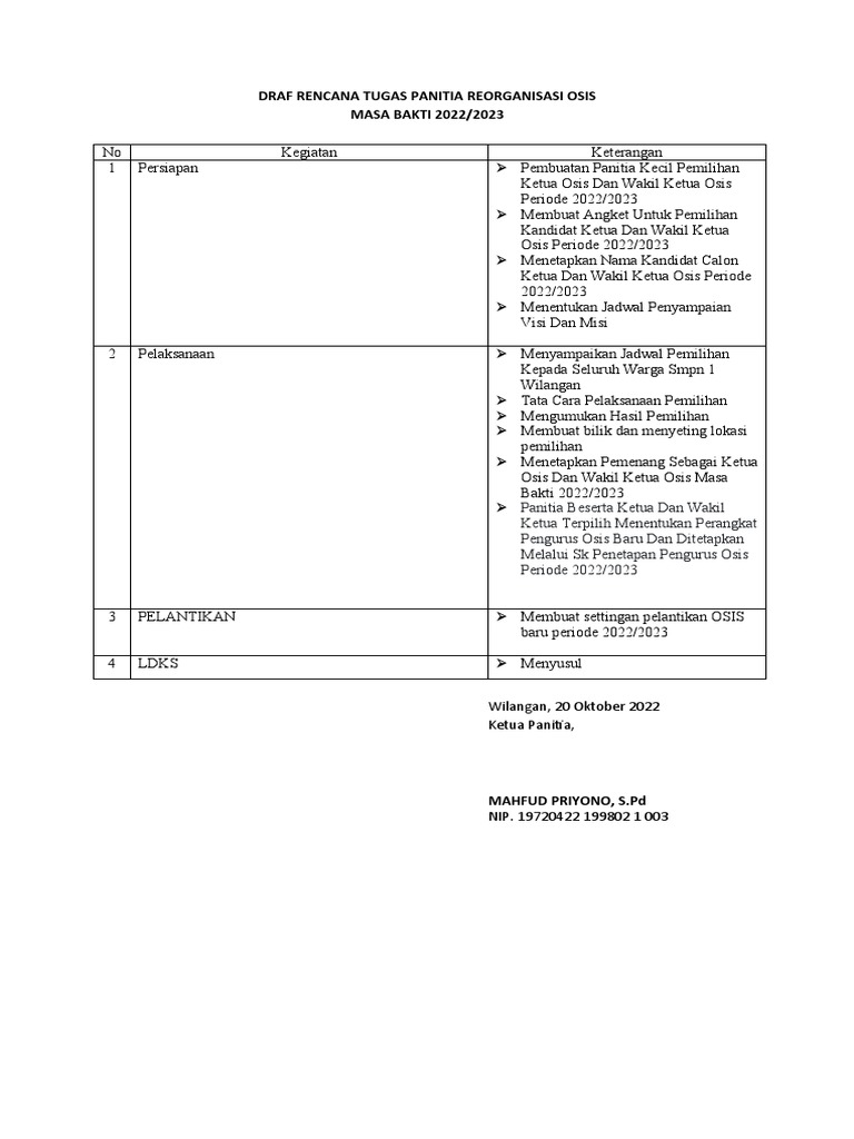 Draf Rencana Tugas Panitia Reorganisasi Osis | PDF