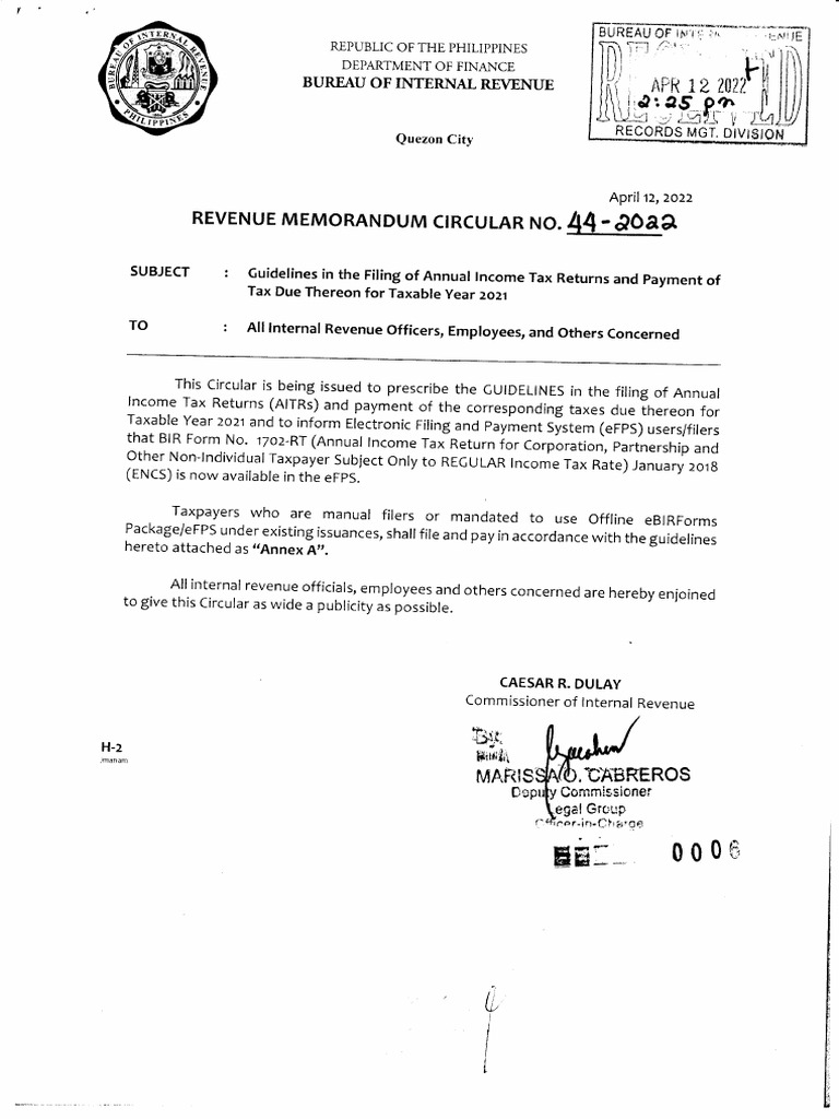 RMC No. 44-2022 | PDF | Internal Revenue Service | Tax Return (United ...