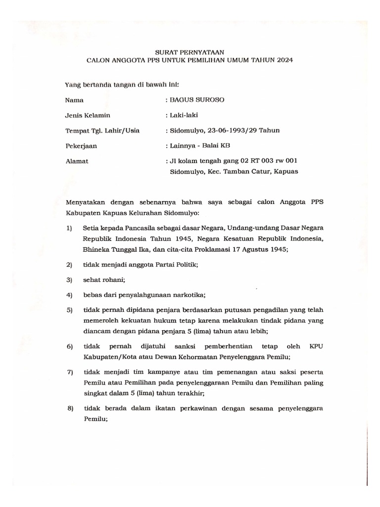 Surat Pernyataan Kpps Asli | PDF