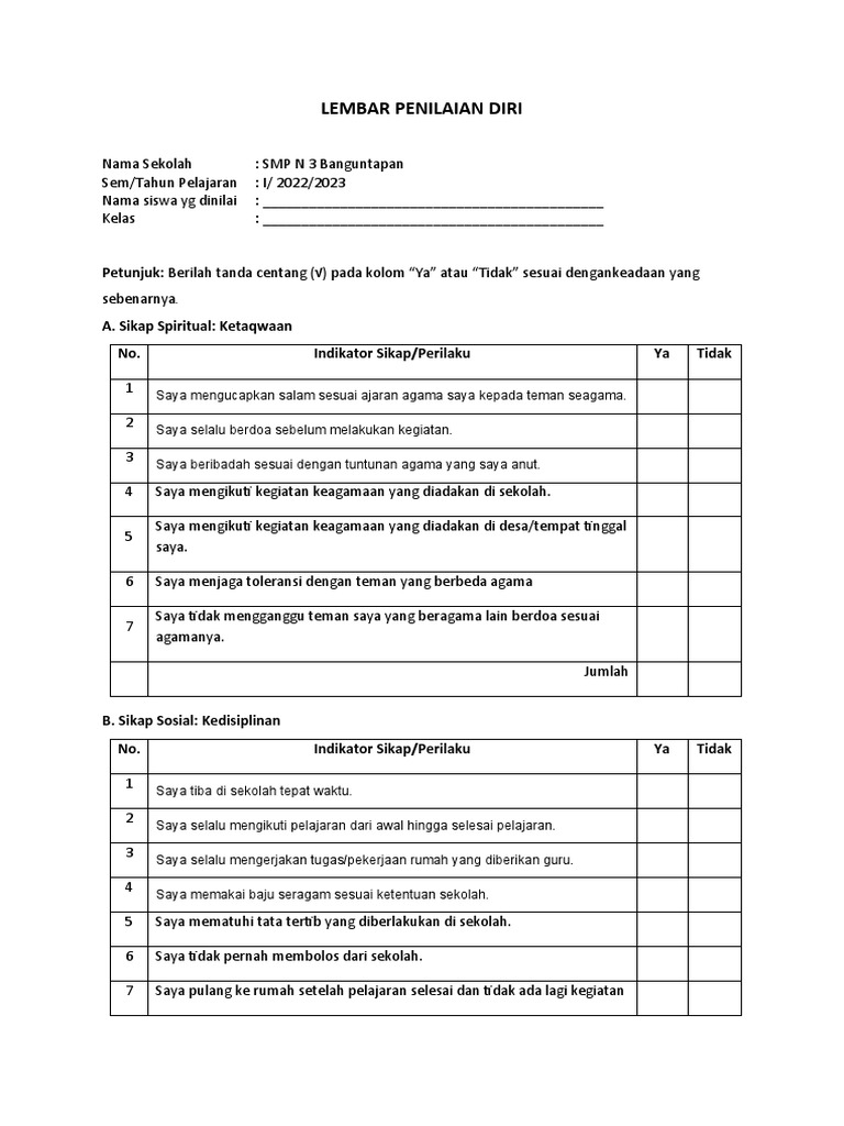 Lembar Penilaian Diri | PDF