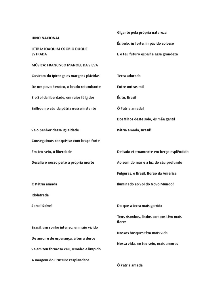 Hino Nacional Brasileiro: Letra e Músicas que Celebram a Pátria Amada | PDF