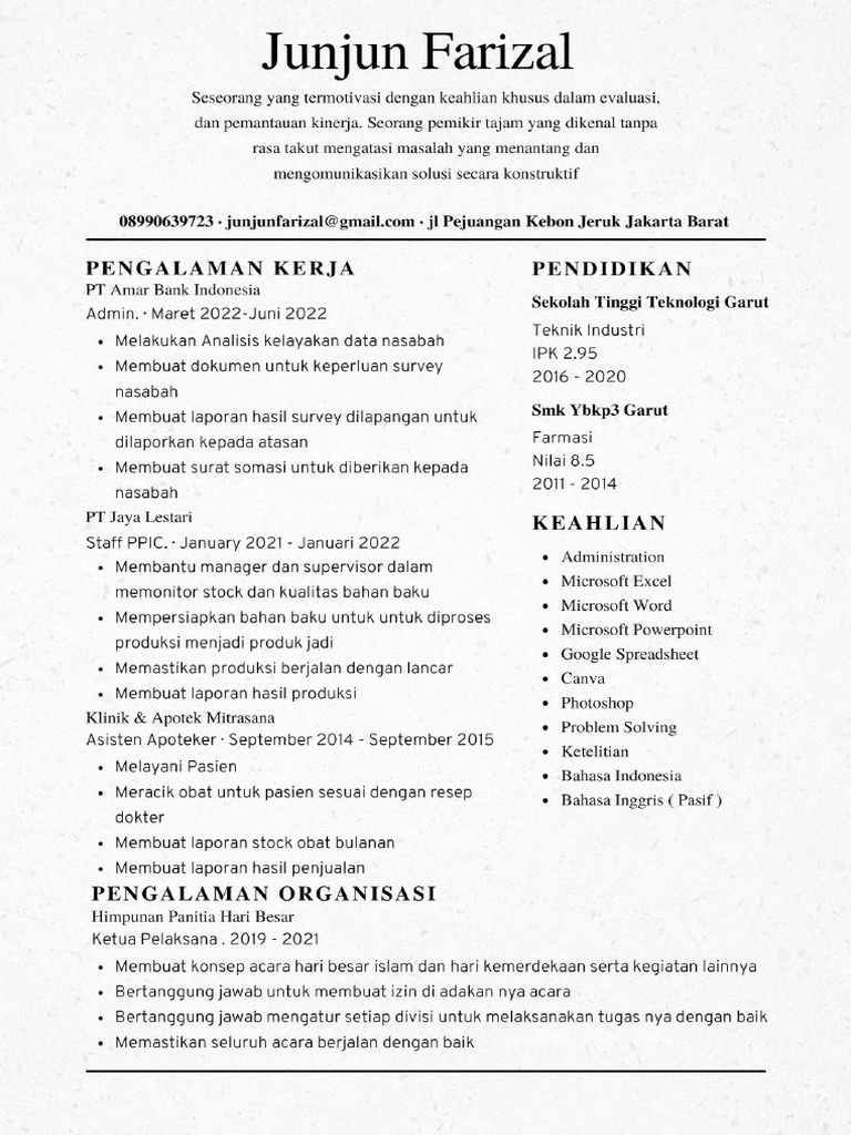 CV Dan Berkas Pendukung - Junjun Farizal | PDF