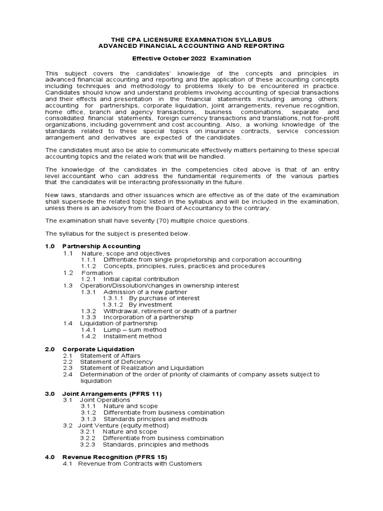The Cpa Licensure Examination Syllabus Advanced Financial Accounting ...