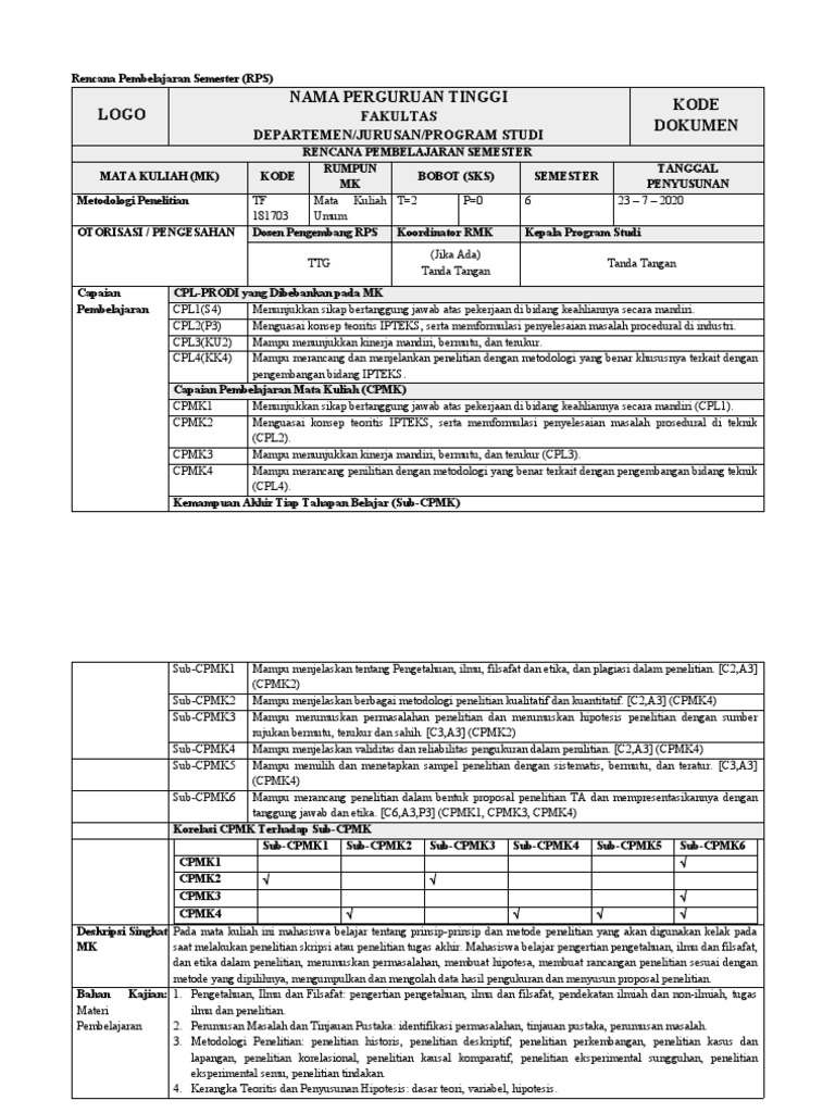 Logo Nama Perguruan Tinggi Kode Dokumen: Fakultas Departemen/Jurusan/Program Studi | PDF