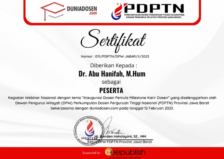 Sertifikat Webinar DPW PDPTN Jabar 2023 | PDF