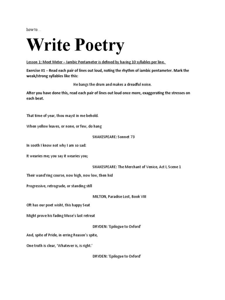 How To Write Poetry #1 - Iambic Pentameter Worksheet | PDF