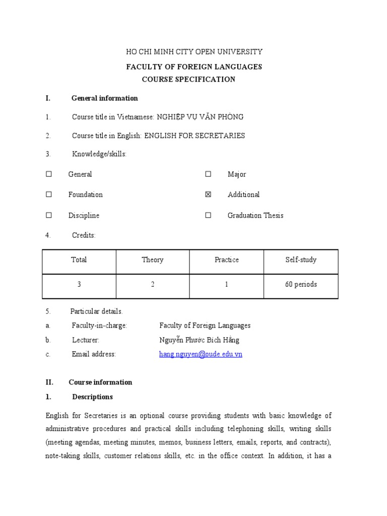 Office English - Course Outline | PDF | Reading Comprehension | Vocabulary