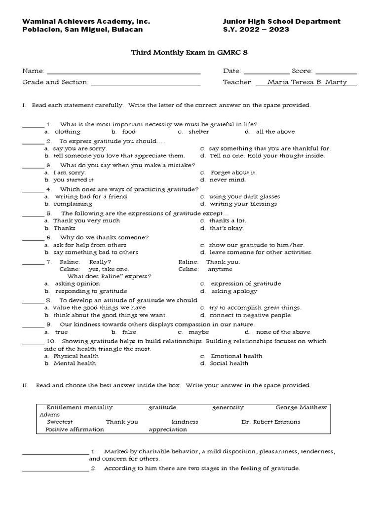 3rd Monthly Exam in GMRC8 | PDF | Gratitude | Psychological Concepts
