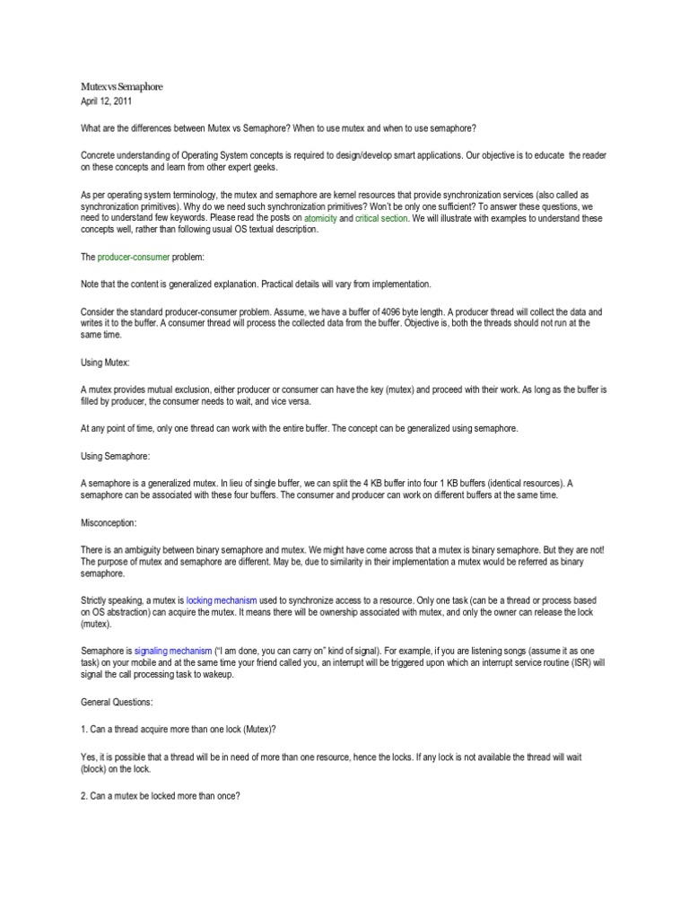 Mutex Vs Semaphore | PDF | Optical Fiber | Thread (Computing)
